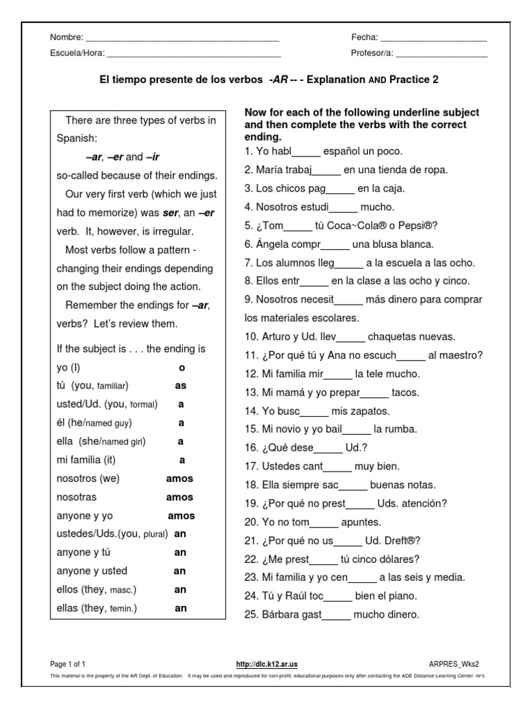 AR - Verbs.pres Wksht6 | PDF | Reglas | Tipología Lingüística