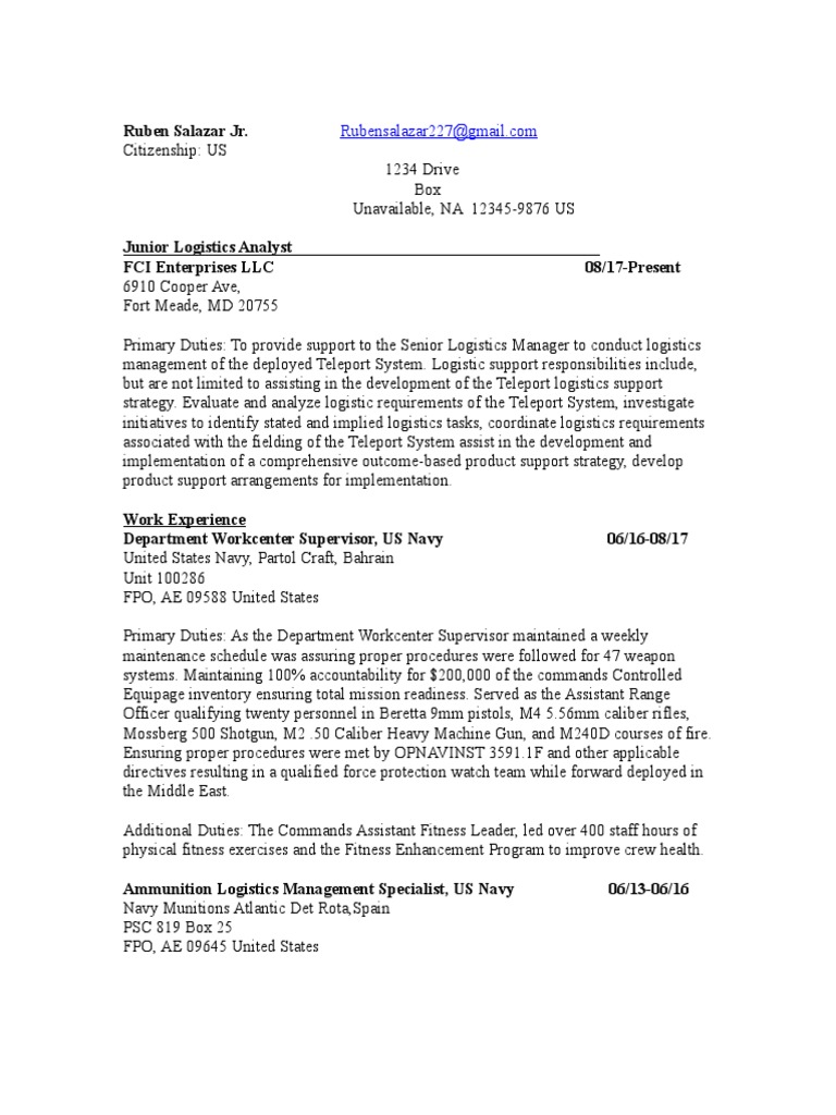 Resume For Ruben Salazar | PDF | United States Navy | Ammunition