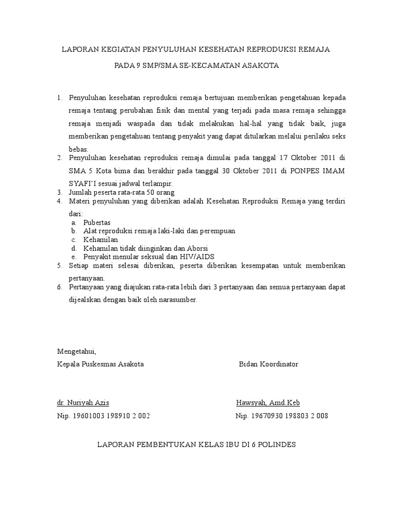 Laporan Kegiatan Penyuluhan Kesehatan Reproduksi Remaja | PDF