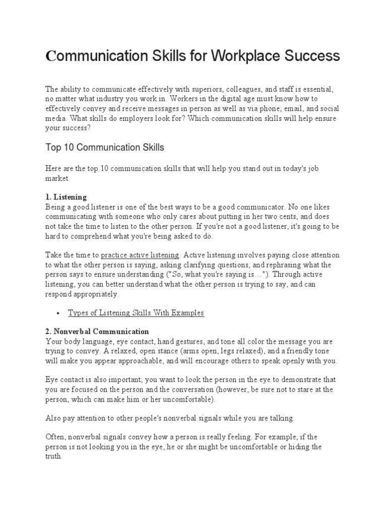 Communication Skills For Workplace Success | PDF | Nonverbal ...