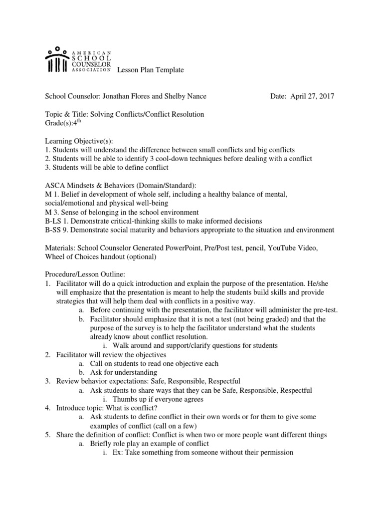 Lesson Plan - Conflict Resolution Final | PDF | Conflict Resolution ...