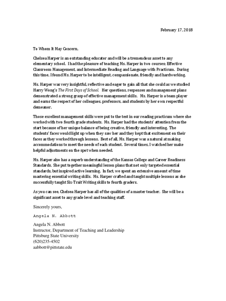 Chelsea Harper: Exceptional Educator Recommendation | PDF