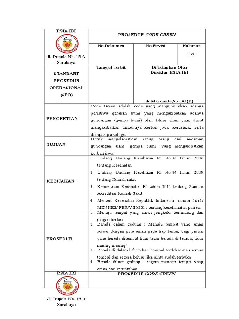 Prosedur Code Green di Rumah Sakit | PDF