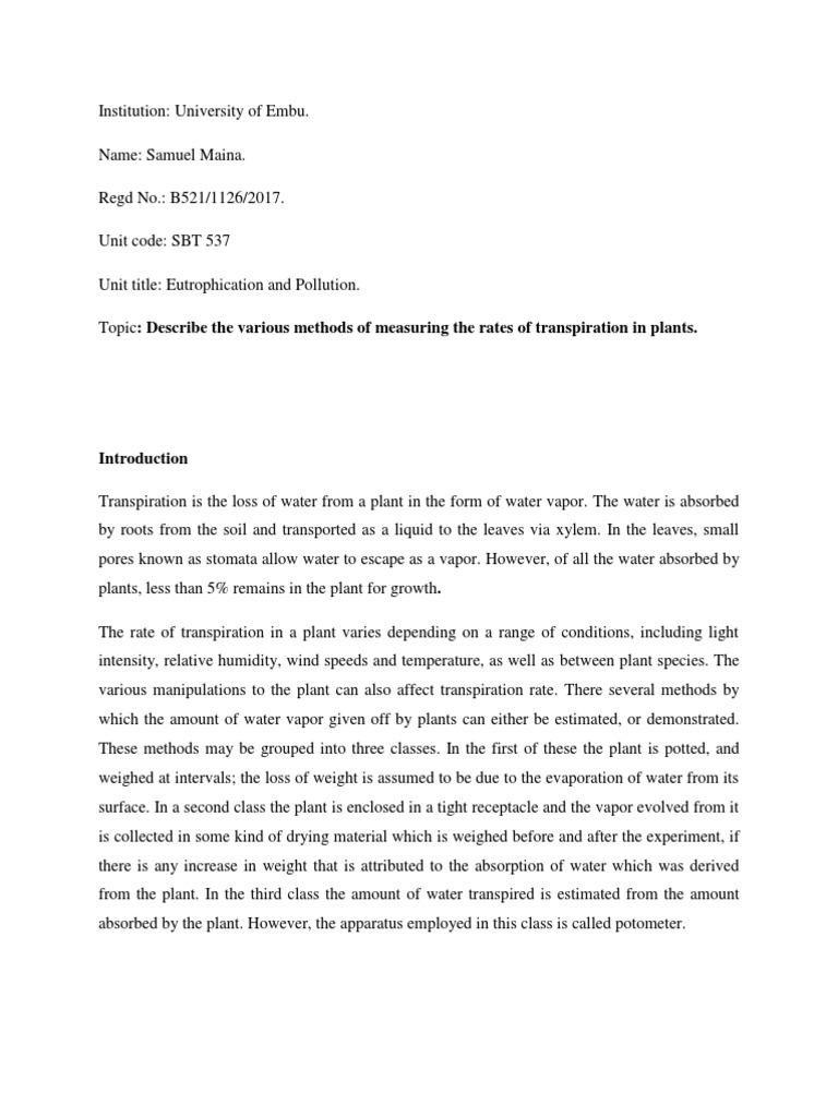 Methods for Measuring Transpiration Rates | PDF | Humidity | Atmosphere ...