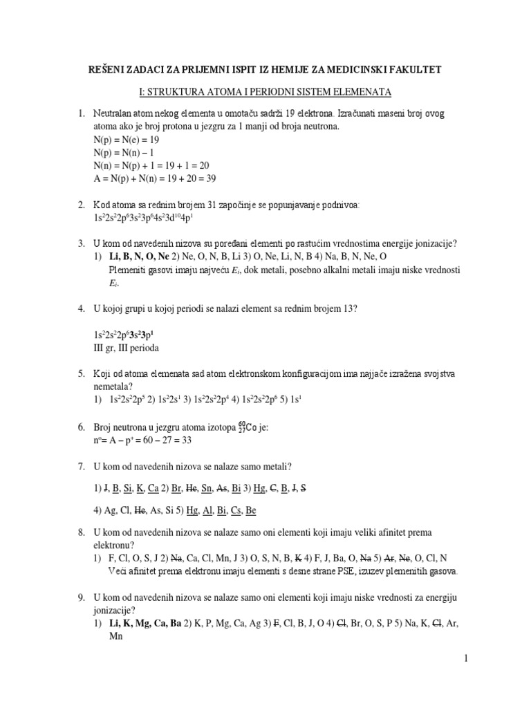Rešeni Zadaci Za Prijemni Ispit Iz Hemije Za Medicinski Fakultet