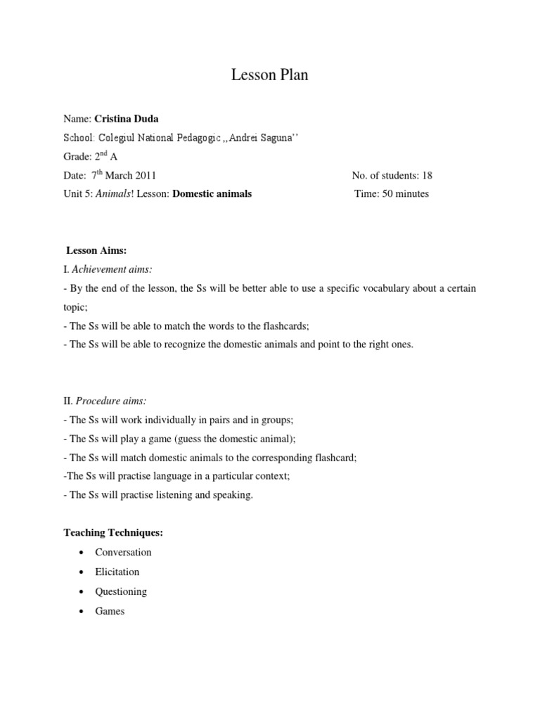 Lesson Plan - Domestic Animals | PDF | Vocabulary | Question