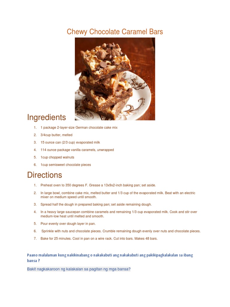 Ingredients: Chewy Chocolate Caramel Bars | PDF | Baking | Cookware And ...