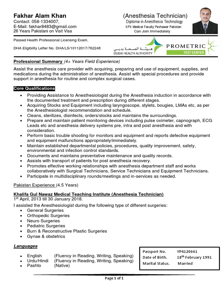 Anesthesia Technician CV | Surgery | Anesthesia