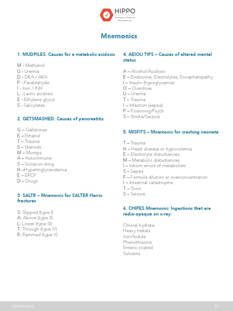 Hippo Emergency Medicine Board Review - Cram Section - Mnemonics | PDF ...
