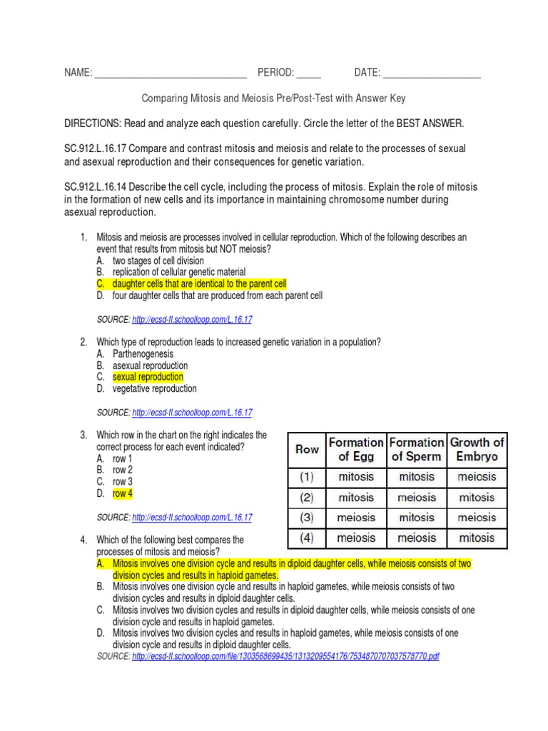 Mitosis vs Meiosis: Pre/Post-Test | PDF | Meiosis | Ploidy