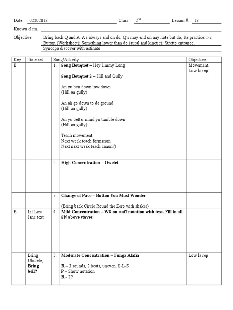 2nd Grade Music Lesson Plan Overview | PDF | Performing Arts | Musical ...