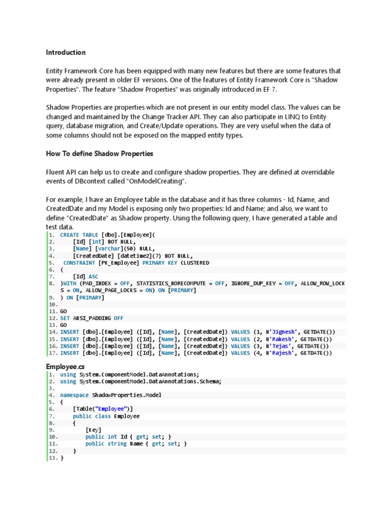 Shadow Properties in Entity Framework Core | PDF | Entity Framework | Language Integrated Query
