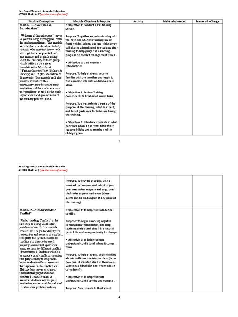 ACTION PLAN TEMPLATE Peer Mediation Training by Module | Mediation ...