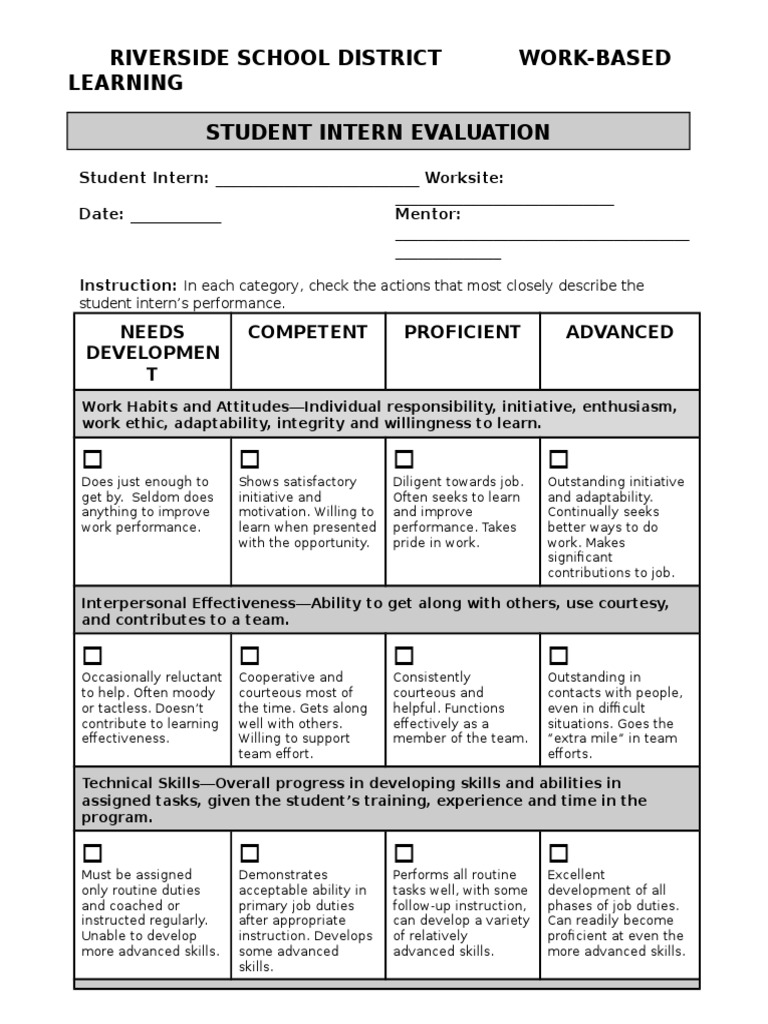 Riverside School District Work-Based Learning Student Intern Evaluation ...