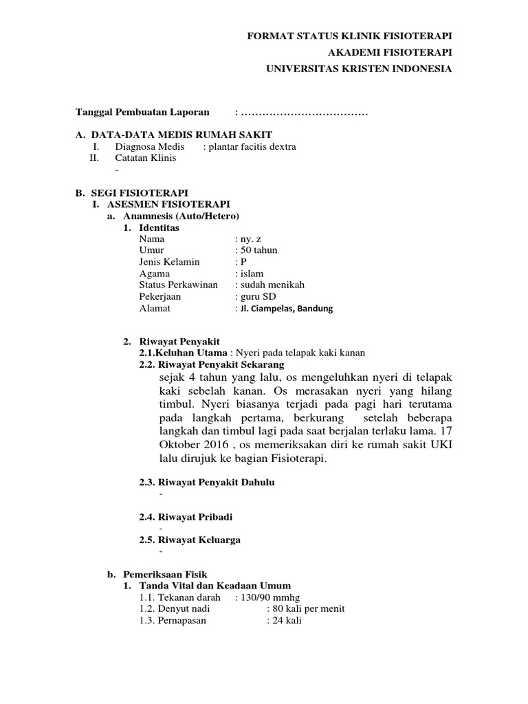 Format Status Klinik Fisioterapi Plantar Facitis | PDF