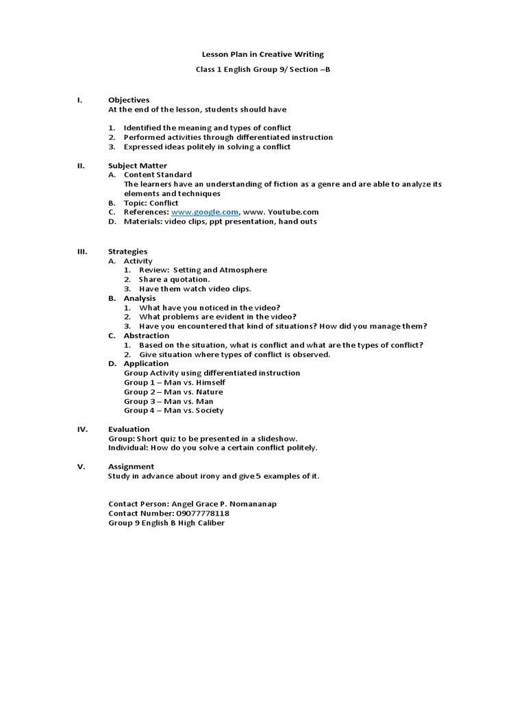 Creative Writing Lesson Plan: Conflict | PDF | Social Science ...
