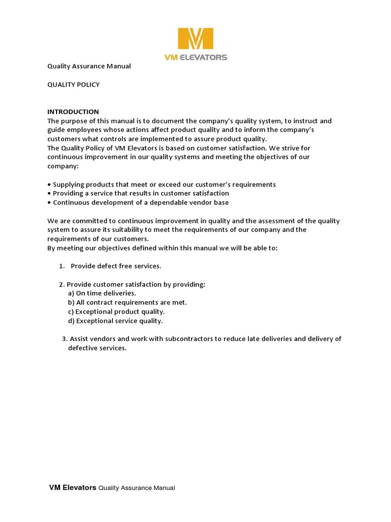 Elevators Quality Assurance Manual With Organisation Chart | PDF ...