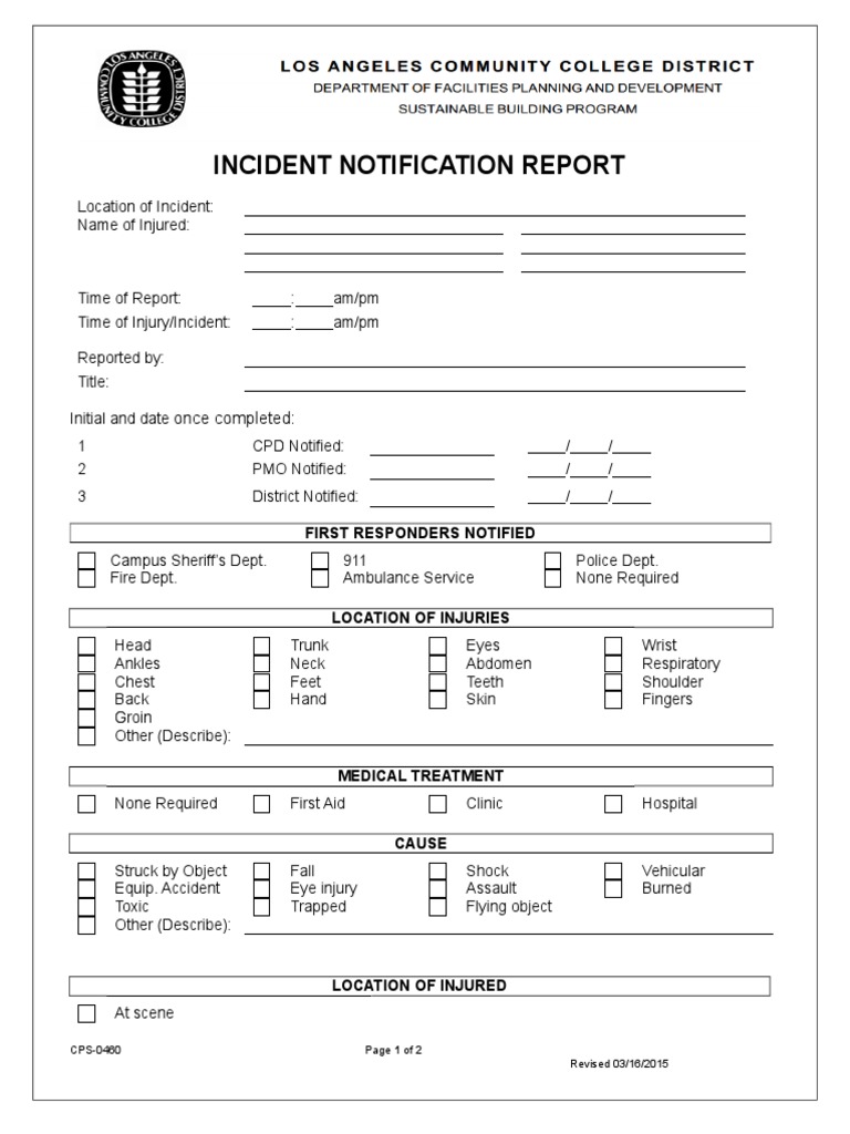 Cps 0460 Incident Notification Report | PDF | Traumatology | Medical ...