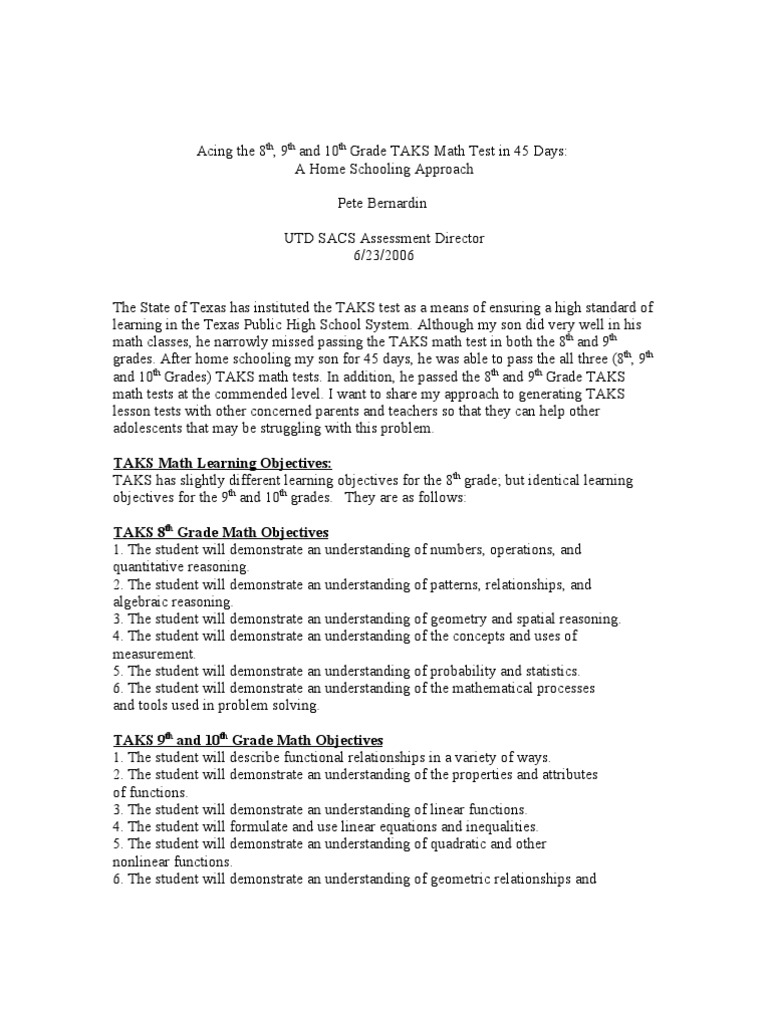 Acing The 8th-9th-10th Grade TAKS Math Test | PDF | Teaching ...