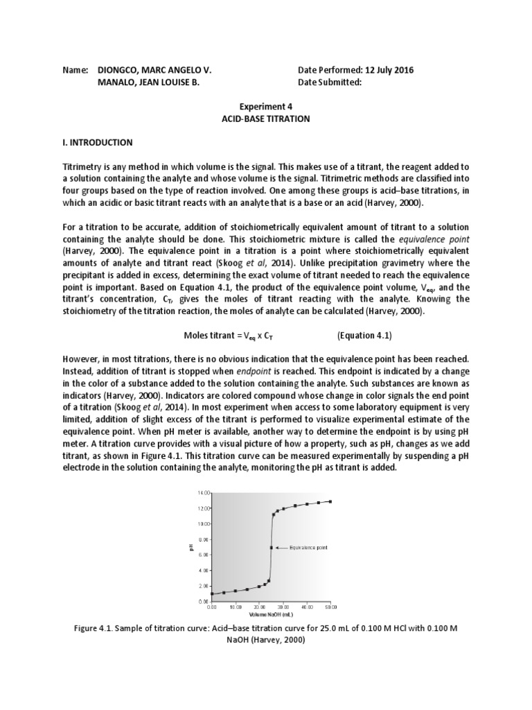 Experiment 4 - Acid Base Titration | PDF | Titration | Chemistry