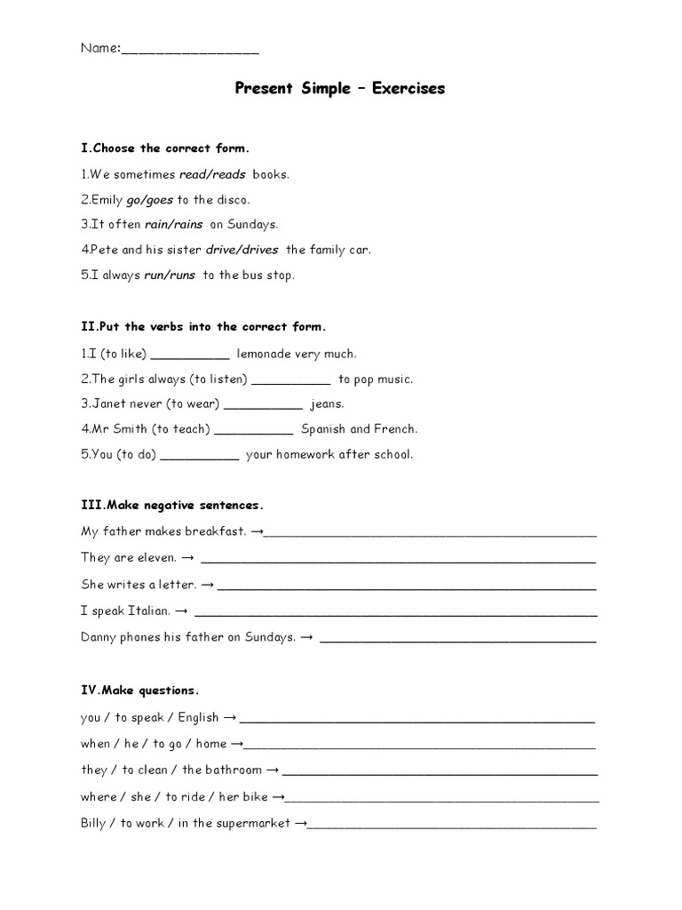 Present Simple - Exercises: Name | PDF