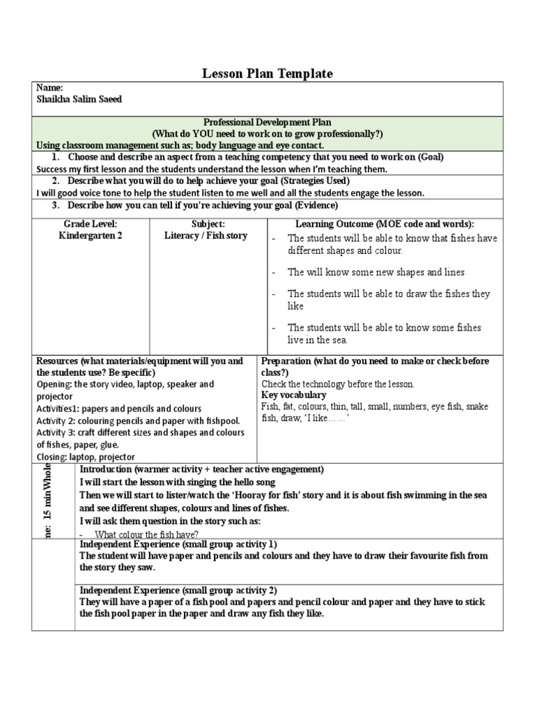 Fish Lesson | PDF | Lesson Plan | Psychological Concepts