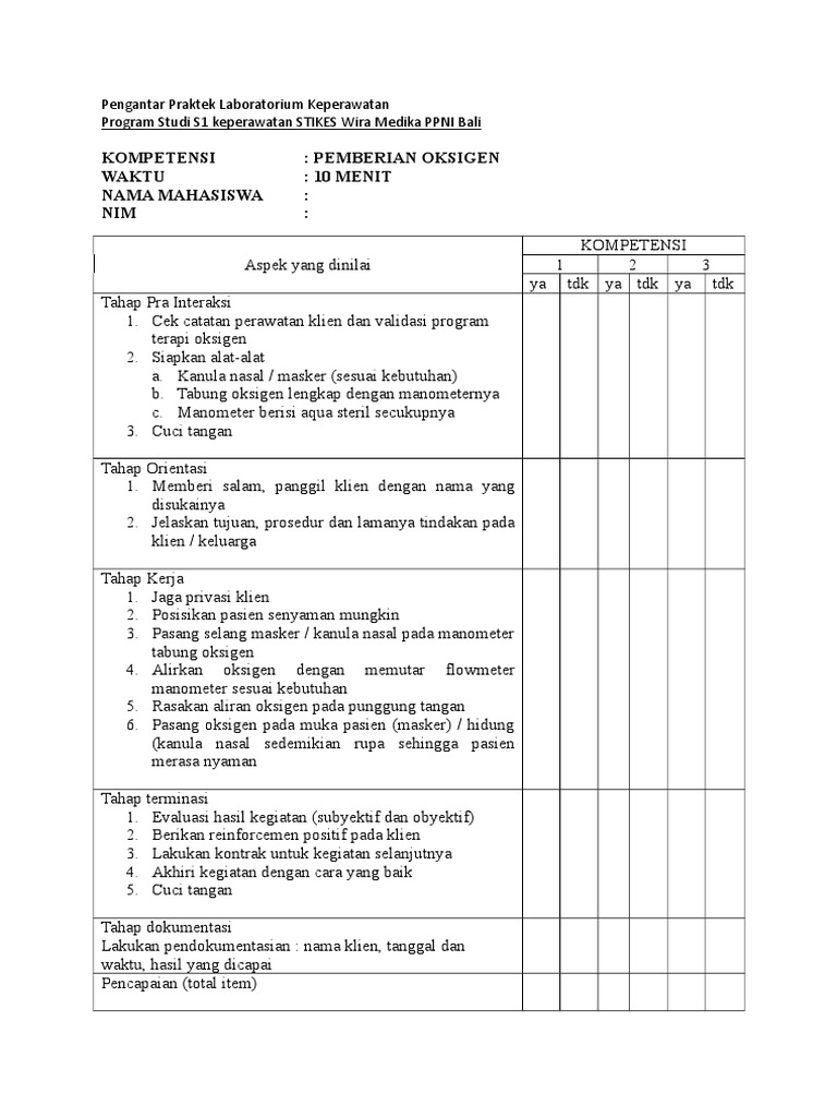 Ceklist Pemberian Oksigen | PDF