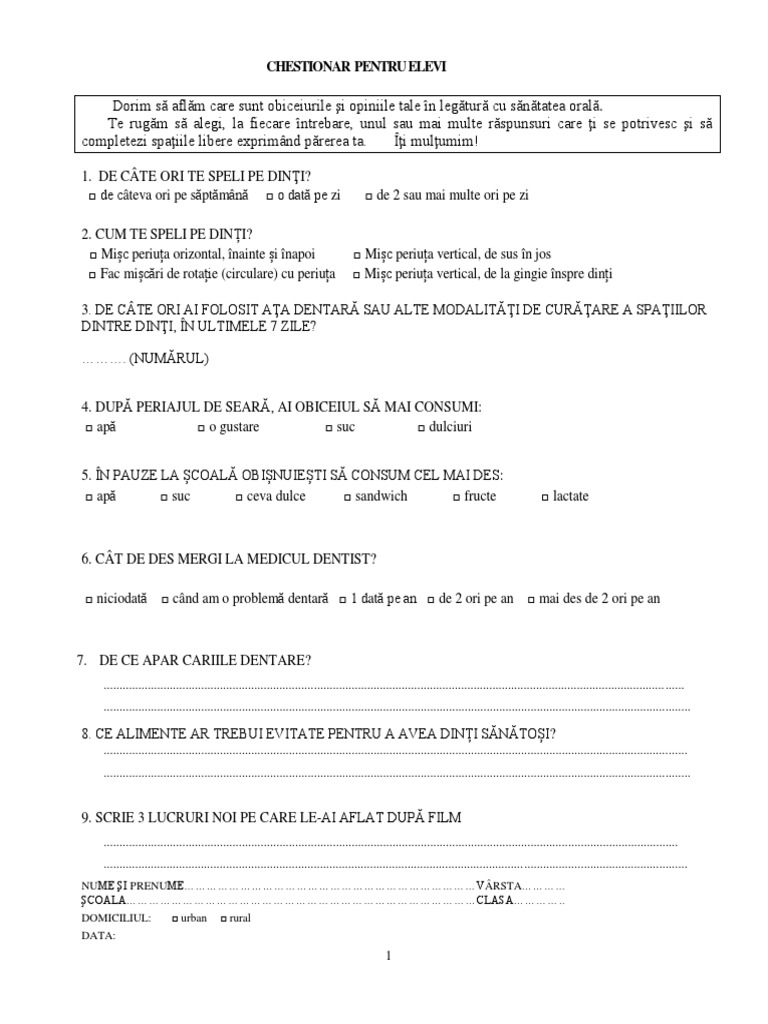 Chestionar Elevi Clase Primare | PDF