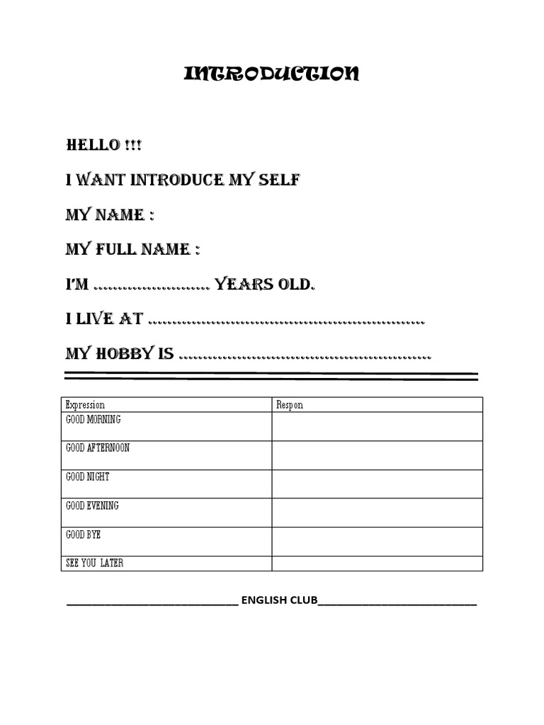 A Brief Self-Introduction: Name, Age, Location, and Favorite Hobby | PDF