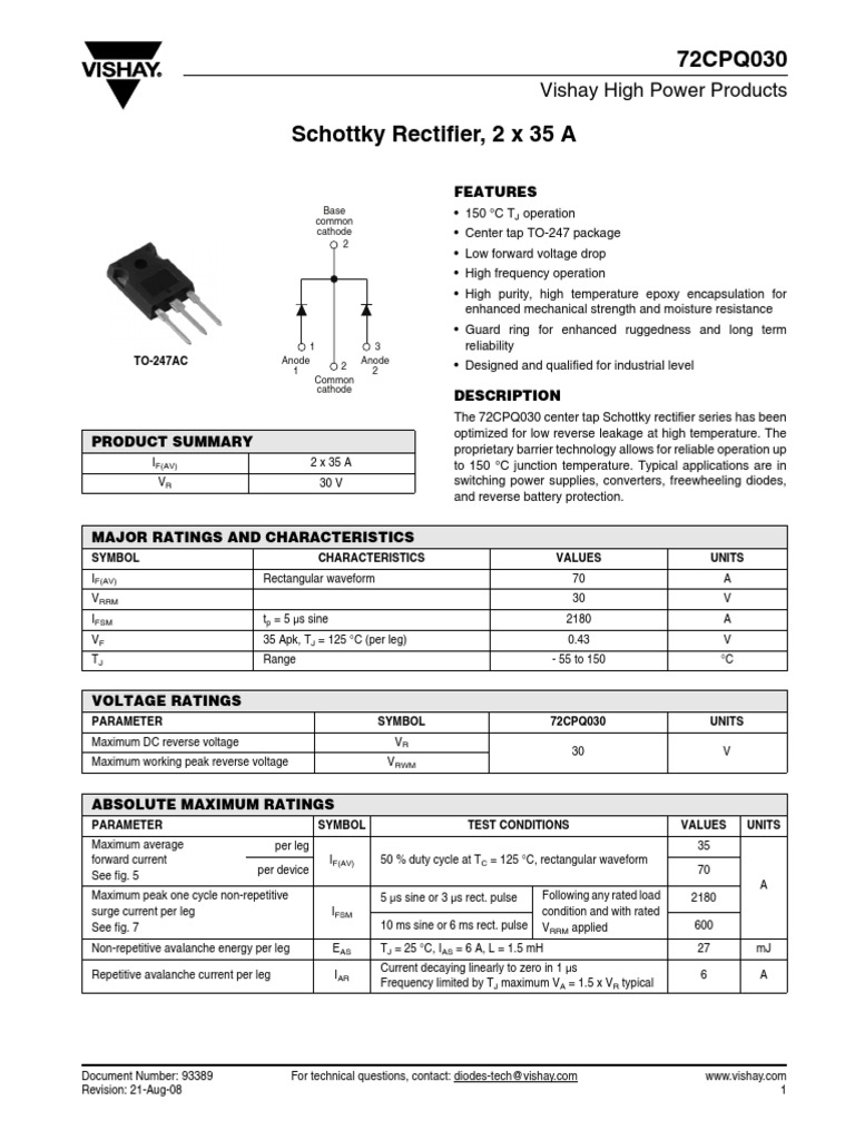 72CPQ030 Dual Diode Rectif PDF | PDF | Rectifier | Diode