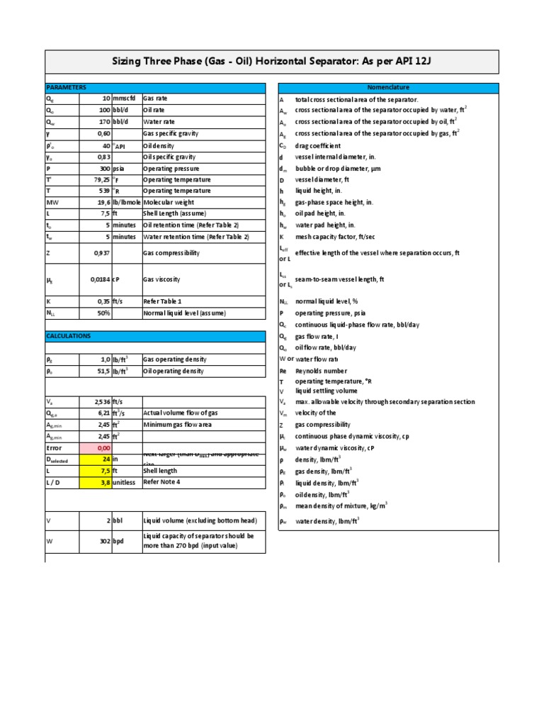 Sizing Three Phase (Gas - Oil) Horizontal Separator: As Per API 12J ...