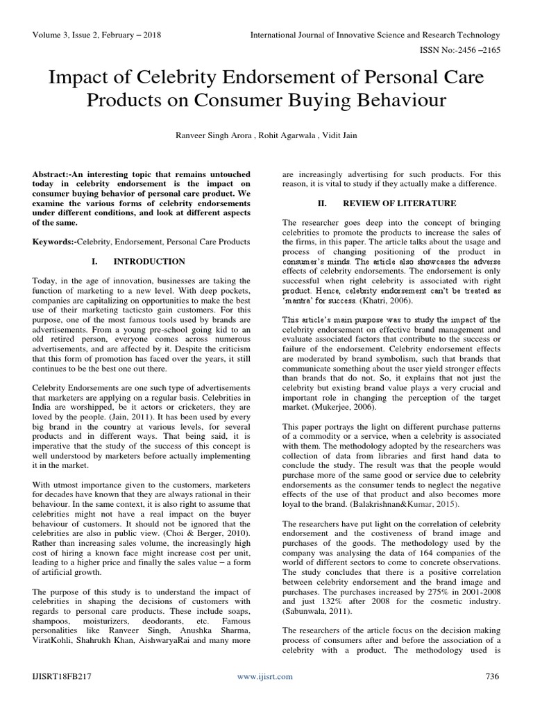 Impact of Celebrity Endorsement of Personal Care Products On Consumer Buying Behavior | PDF ...