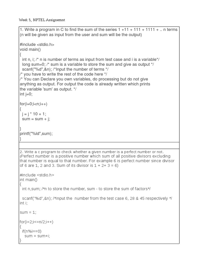 Week 5, NPTEL Assignemnt: 2. Write A C Program To Check Whether A Given Number Is A Perfect ...