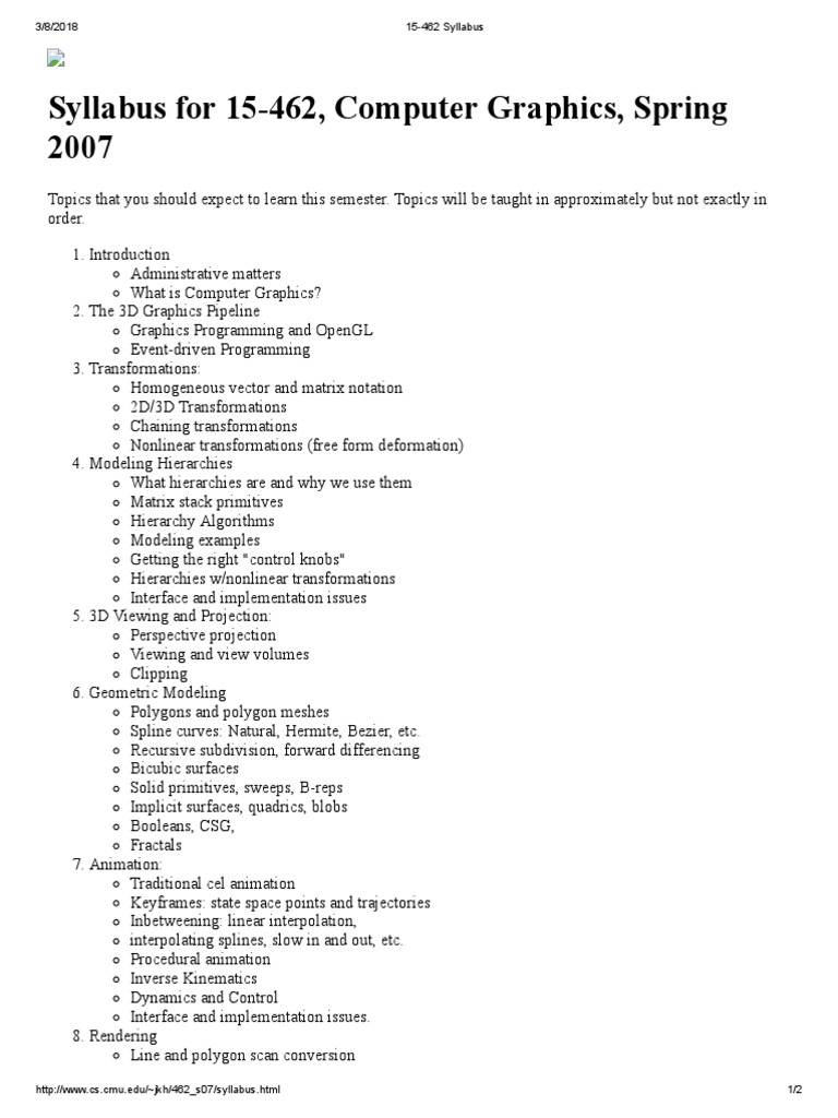 Syllabus For 15-462, Computer Graphics, Spring 2007 | Download Free PDF ...