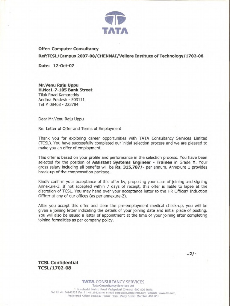 Tcs Offer Letter | PDF