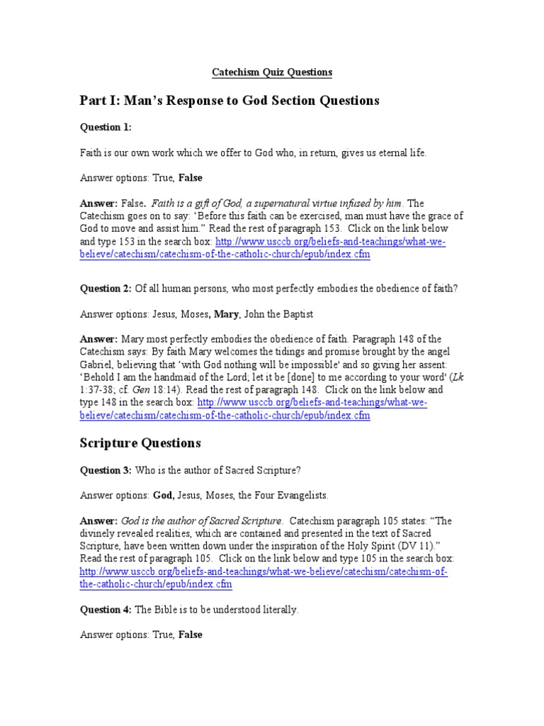 Catholic Catechism Quiz Questions | PDF | Eucharist | Baptism