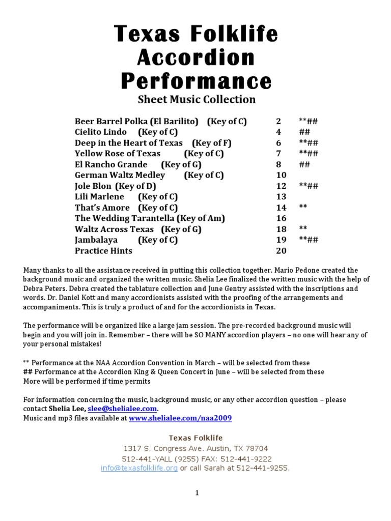 Texas Folklife Accordion Performance: Sheet Music Collection | PDF | Performing Arts | Leisure