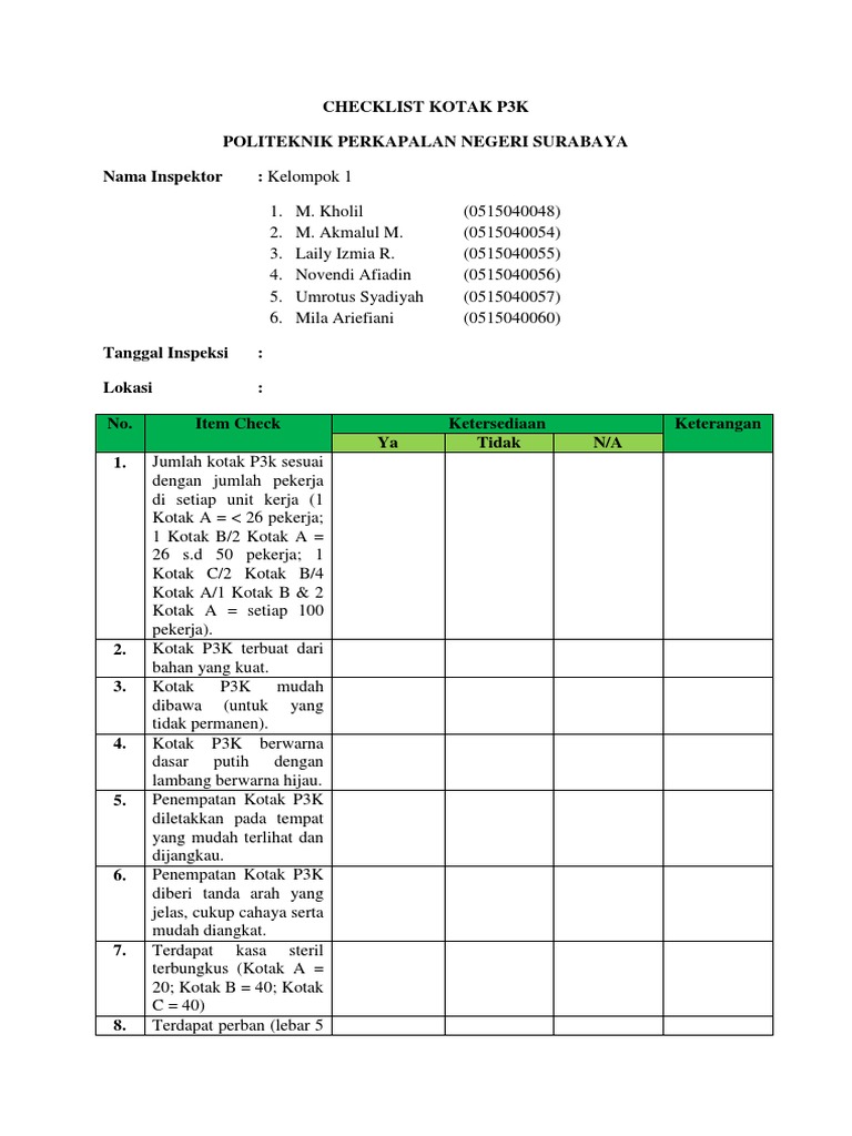 Checklist Kotak p3k Fix | PDF