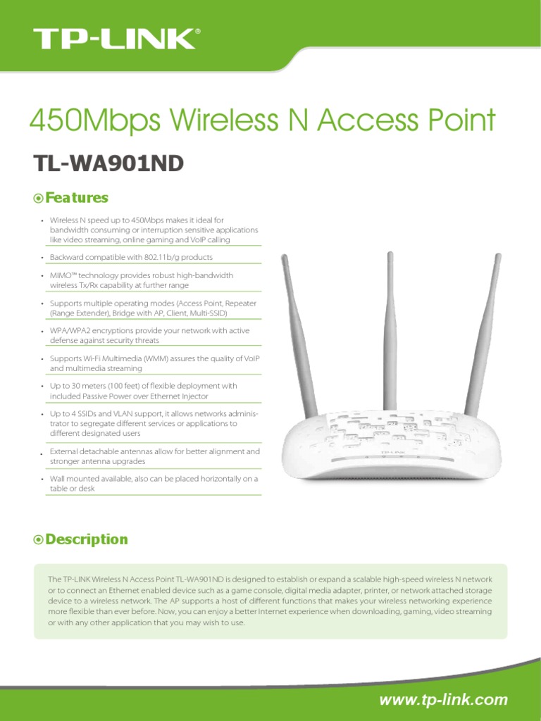 450Mbps Wireless N Access Point: TL-WA901ND | PDF | Wi Fi | Wireless ...