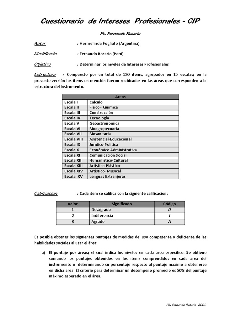 Cuestionario de Intereses Profesionales CIP - Fernando Rosario (Autor ...