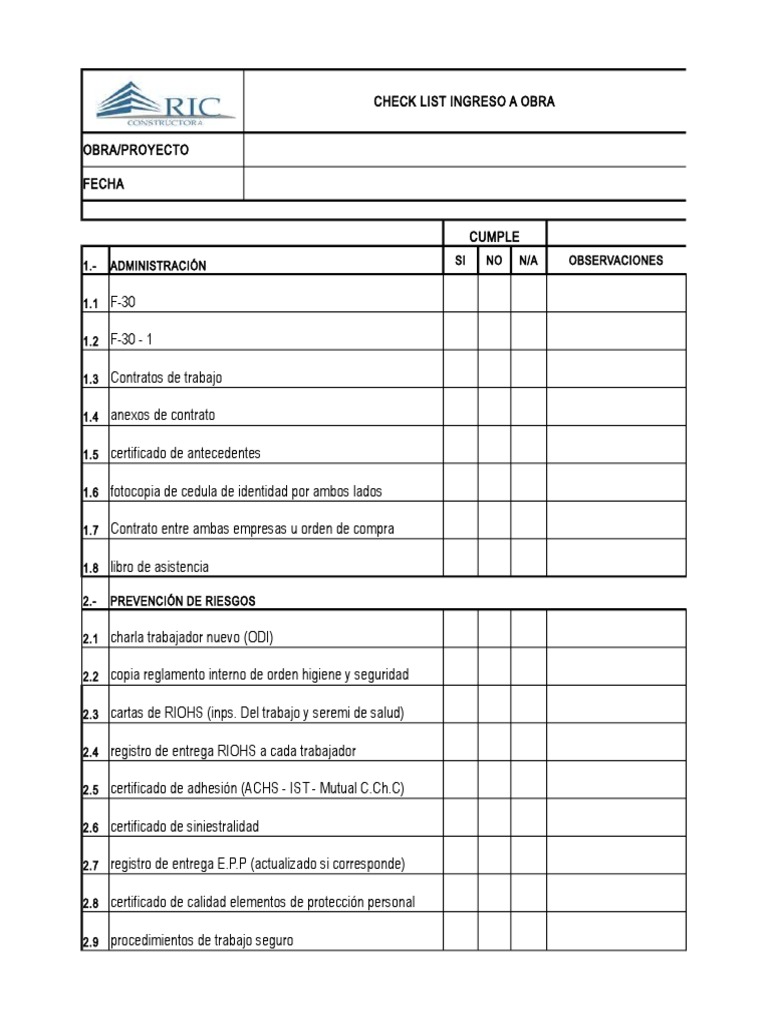 Check List Ingreso A Obra | PDF