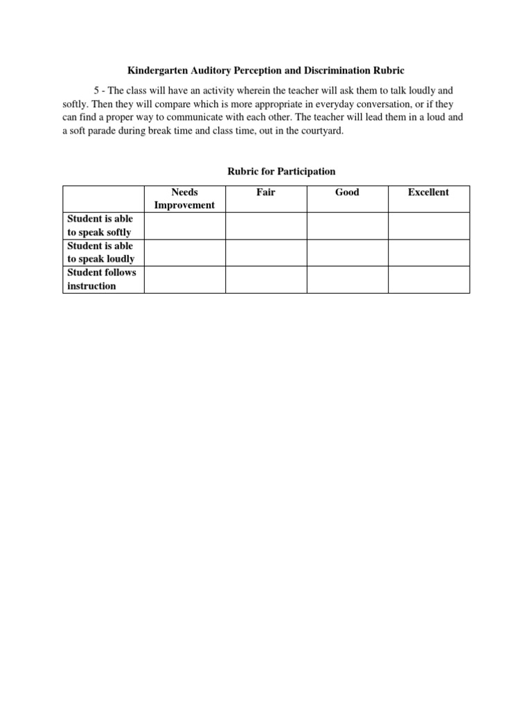 Kindergarten Auditory Perception and Discrimination Rubric | PDF