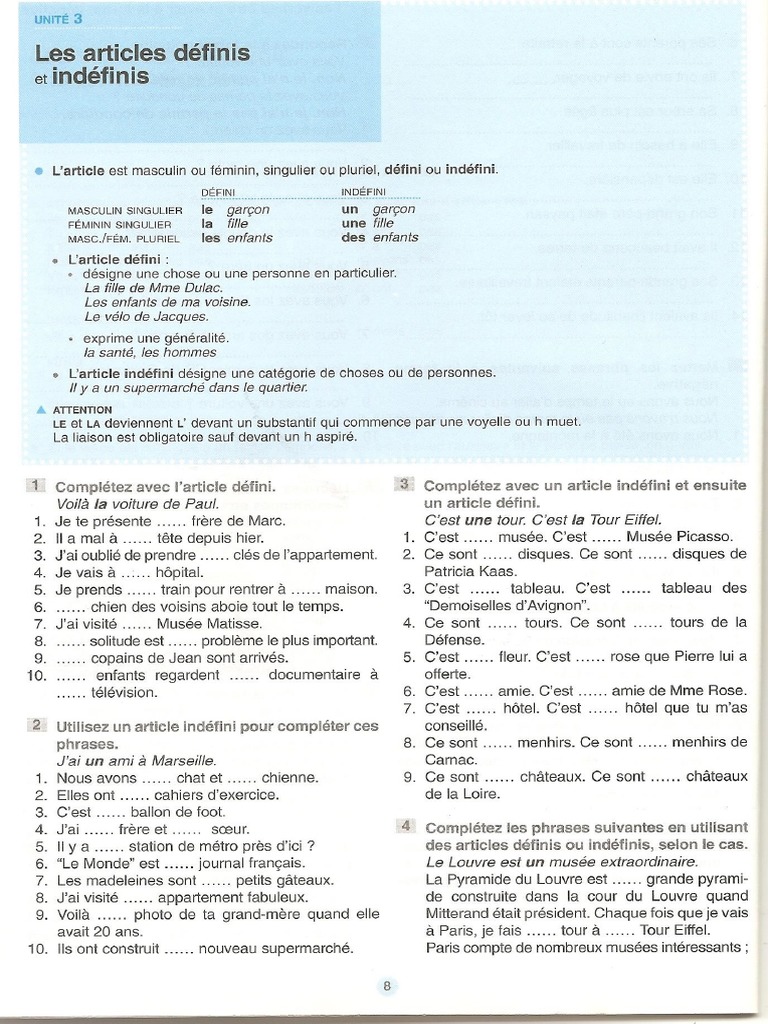Les Articles Définis Et Indéfinis Théorie Et Exercices PDF | PDF
