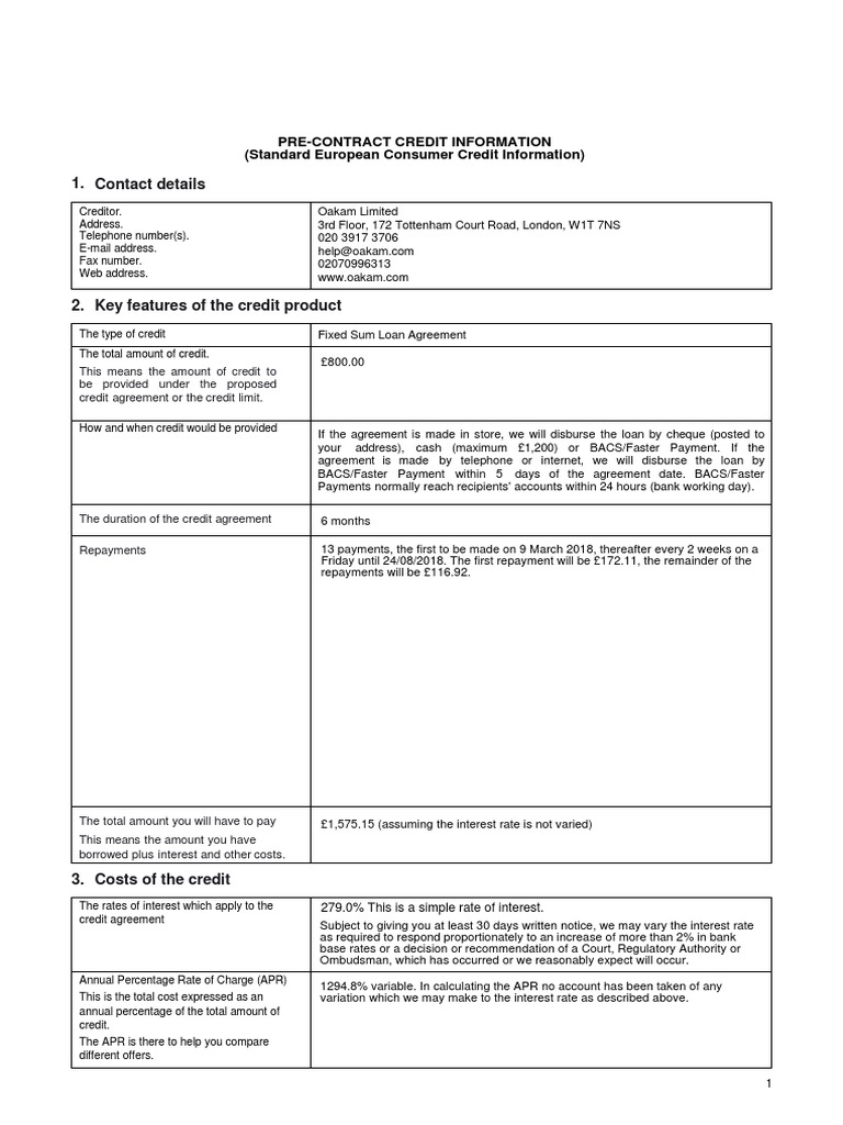 Contact Details: Pre-Contract Credit Information (Standard European ...