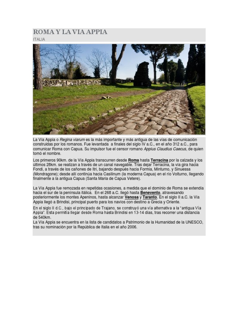 Historia y Significado de la Vía Appia | PDF | Roma | La carretera