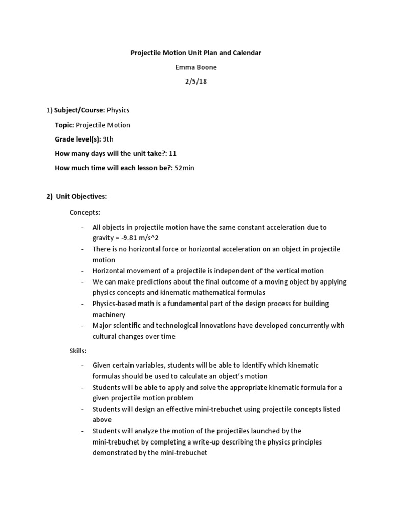 9th Grade Projectile Motion Unit Plan | PDF | Force | Motion (Physics)