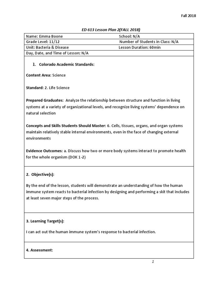 ED 613 Lesson Plan 2 (FALL 2018) | PDF | Immune System | Lesson Plan