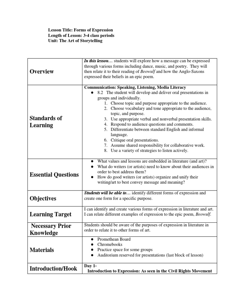 Expression Lesson Plan | PDF | Storytelling | Poetry