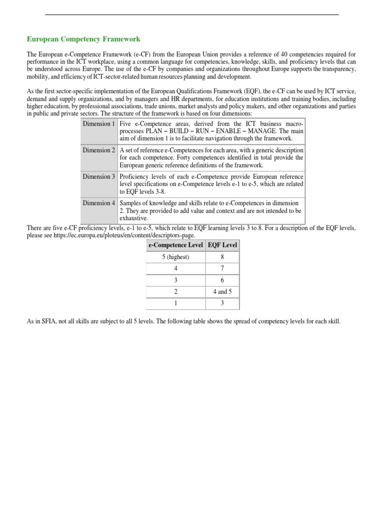 European Competency Framework: E-Competence Level EQF Level | PDF ...