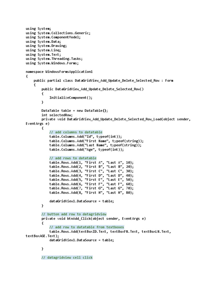 Int Selectedrow : // Add Columns To Datatable | PDF | Information Retrieval | Software Engineering